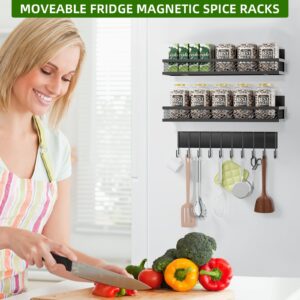 Umomi Magnetic Spice Rack for Refrigerator, 3 Pack Magnetic Shelf for Refrigerator, Moveable Fridge Magnetic Spice Racks with 10-Hook Rack for Kitchen Organizers and Storage