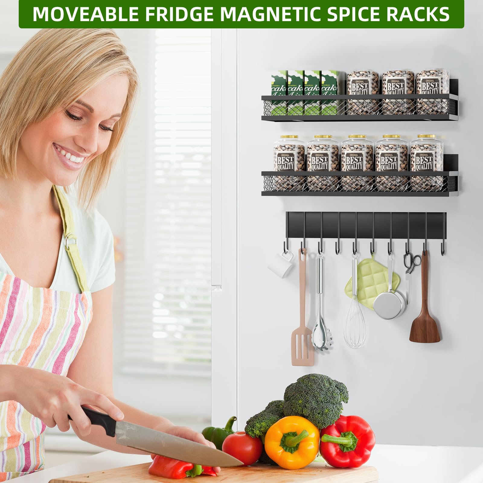 Umomi Magnetic Spice Rack for Refrigerator, 3 Pack Magnetic Shelf for Refrigerator, Moveable Fridge Magnetic Spice Racks with 10-Hook Rack for Kitchen Organizers and Storage