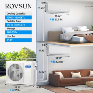 ROVSUN Dual Zone 12000 + 12000 BTU WIFI Mini Split AC/Heating System, 19 SEER2 2 Zone 18000 BTU Ductless Split Air Conditioner with Pre-Charged Condenser, Heat Pump & 25Ft Installation Kit, 208-230V