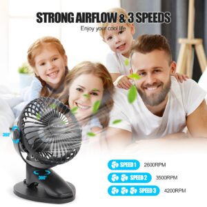 Portable Clip Fan Battery Operated,3 Speeds USB Rechargeable Mini Table Fan with Strong Airflow,360°Rotation Ultra Quiet Personal Desk Fan for Home Office Bedroom Dorm Stroller Camping(Black)