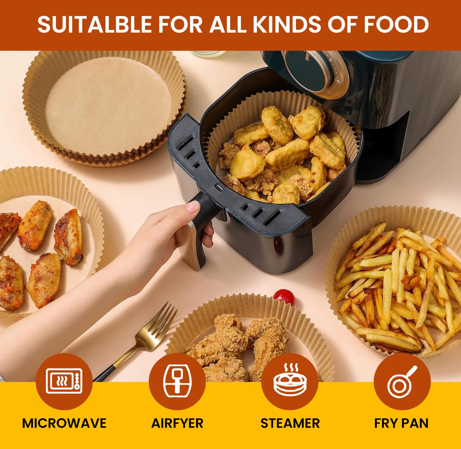 Air Fryer Liners, 150Pcs Non-Stick Waterproof Liners Disposable Air Fryer Liner Heat-Resistant Food Grade Parchment for Roasting Cooking Microwave (6.3 Inch)