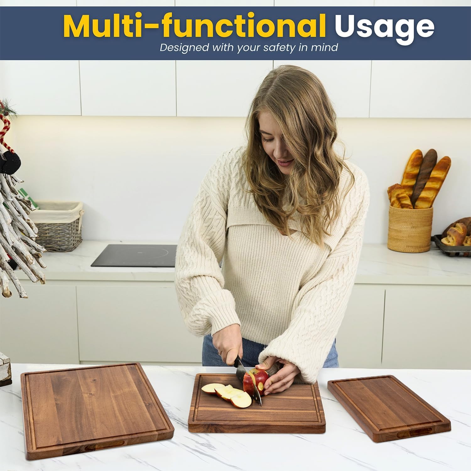 KOLWOVEN Wood Cutting Boards for Kitchen - Set of 3, Wooden Cutting Board Set with Holder for Chopping Meat, Cheese, Fruits, Vegetables, Knife Friendly Serving Tray