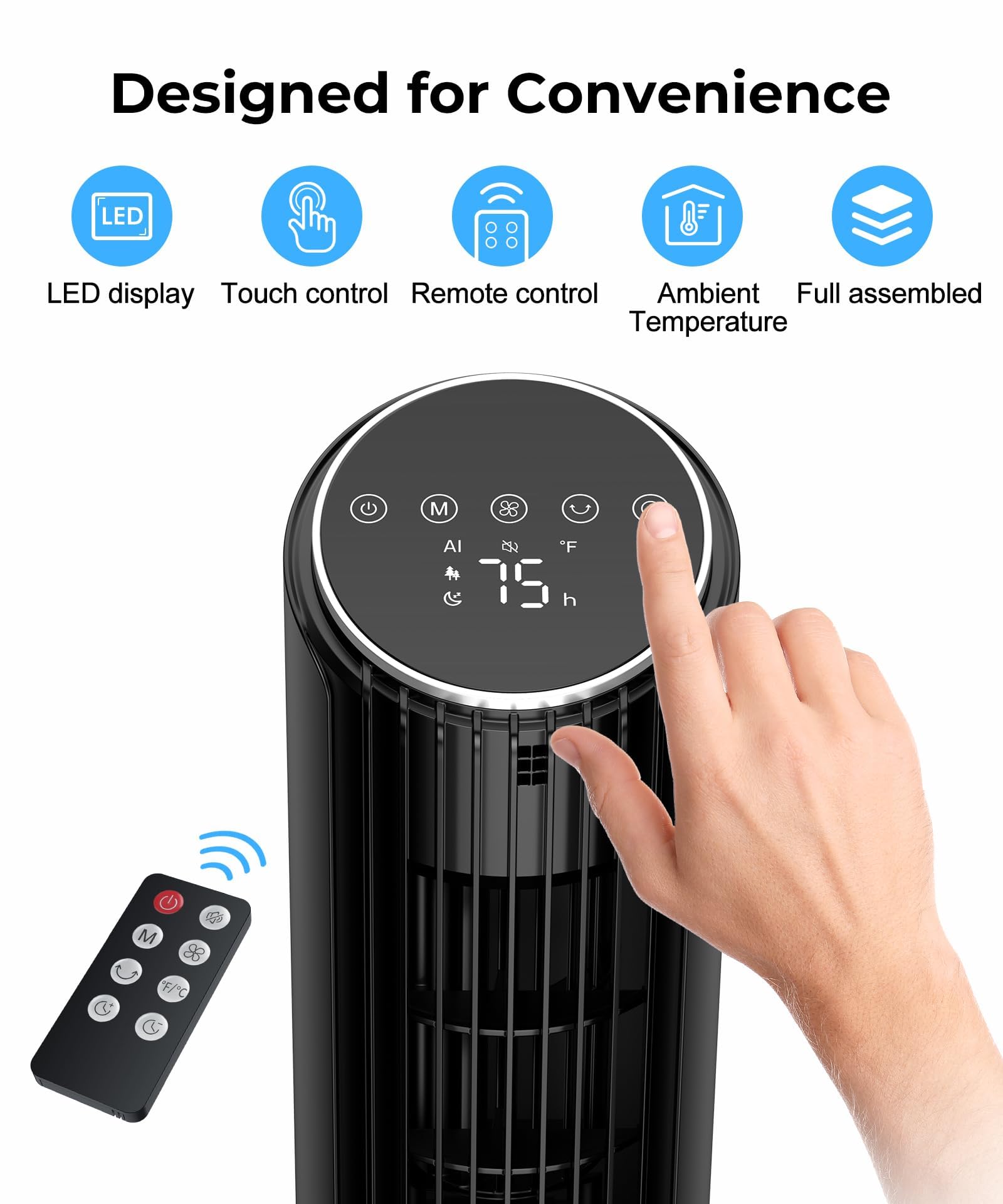 Abolee Tower Fan for Bedroom, 23ft/s Desk Fan with Remote, 70° Oscillating Desk Fan, 4 Speeds, 4 Modes,12Timer, 2024 New 13'' Bladeless Portable Fan for Bedroom Office Home Black