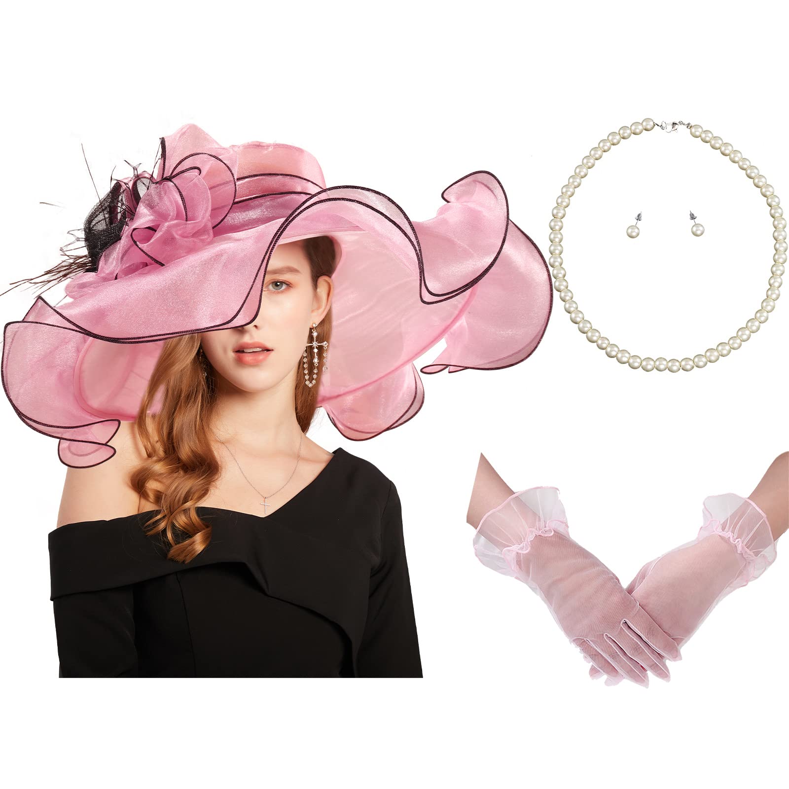 MS.ING Womens Kentucky Derby Hat,4PCs Fascinators for Women Tea Party Bridal Wedding Church Hat Set (Pink net Wide Brim)