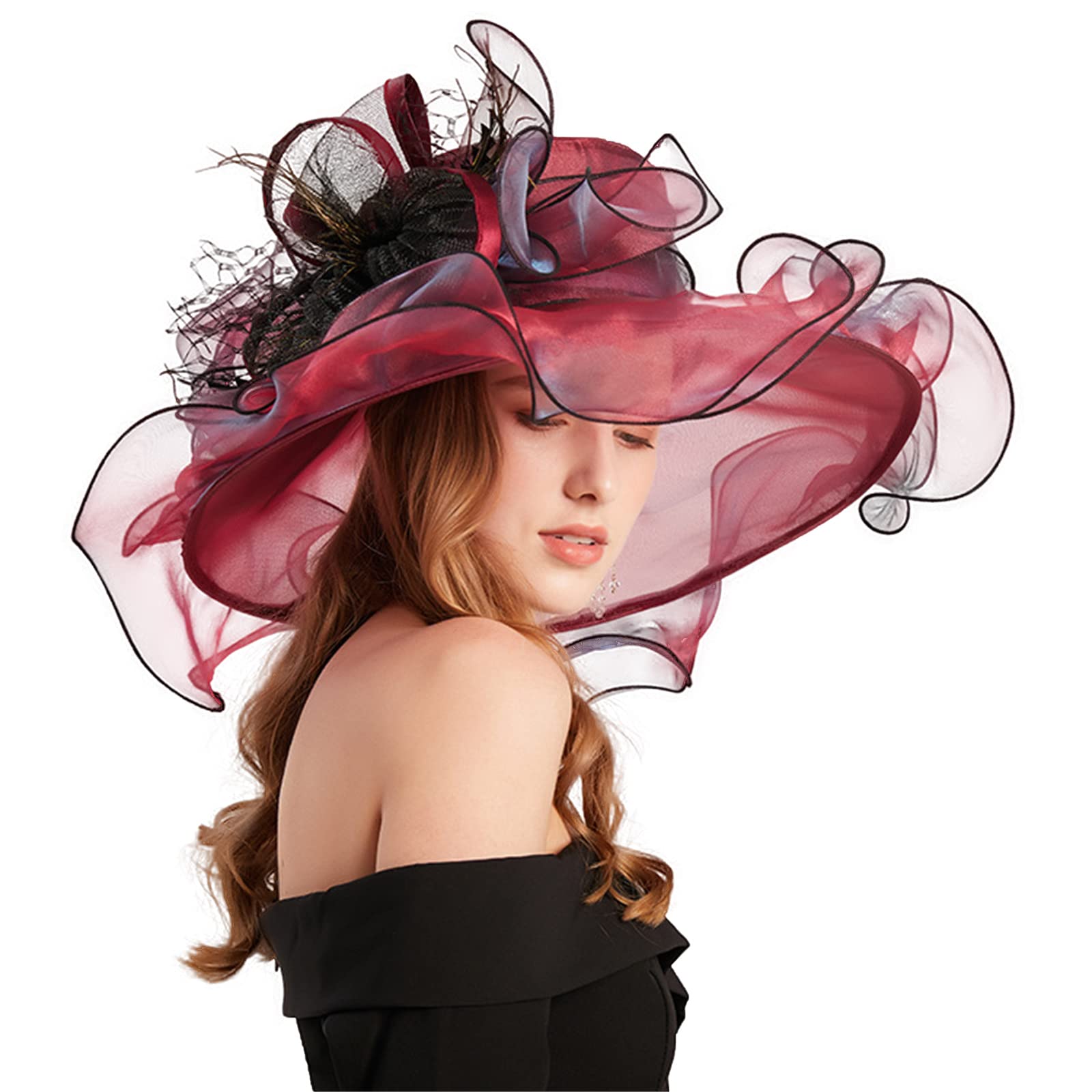 MS.ING Womens Kentucky Derby Hat,4PCs Fascinators for Women Tea Party Bridal Wedding Church Hat Set (Pink net Wide Brim)