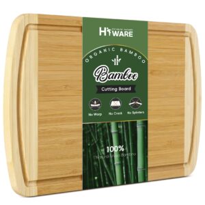 large wooden cutting board for kitchen meal prep & serving - bamboo cutting boards with juice groove side handles, charcuterie & chopping butcher block - 100% organic bamboo, pre oiled, 16" x 10"