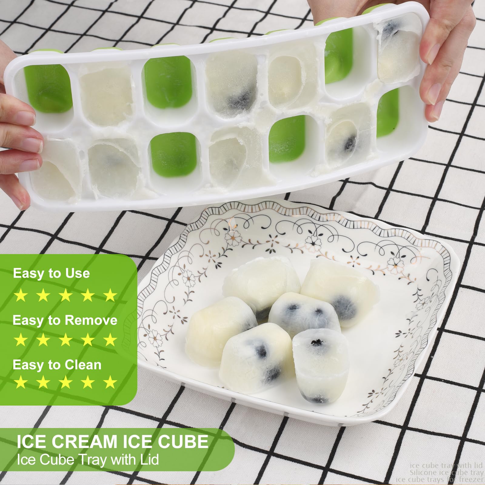 Ice Cube Tray with Lid,Easy Release14 ices,Silicone ice cube tray with Spill-Resistant Removable Lid,Ice Cube Trays for Freezer,Ice Cube Tray with lid for Drinks,Baby Food,BPA Free Ice cube tray