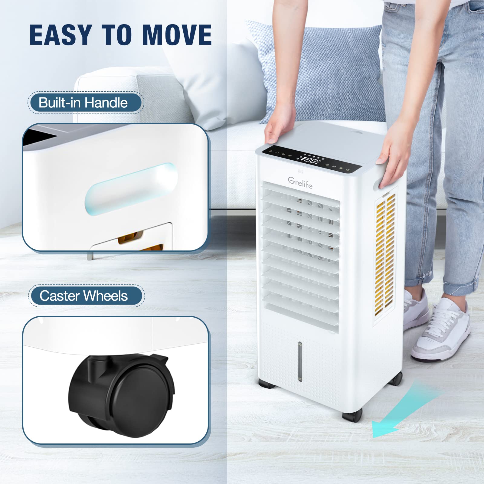 Grelife Air Cooler,3-IN-1 Portable Evaporative Air Cooler Cooling Fan with 4 Ice Packs,12H Timer,1.58 Gallons,Remote Control,3 Modes,3 Speeds,Personal Swamp Cooler for Bedroom, Home, Office, white