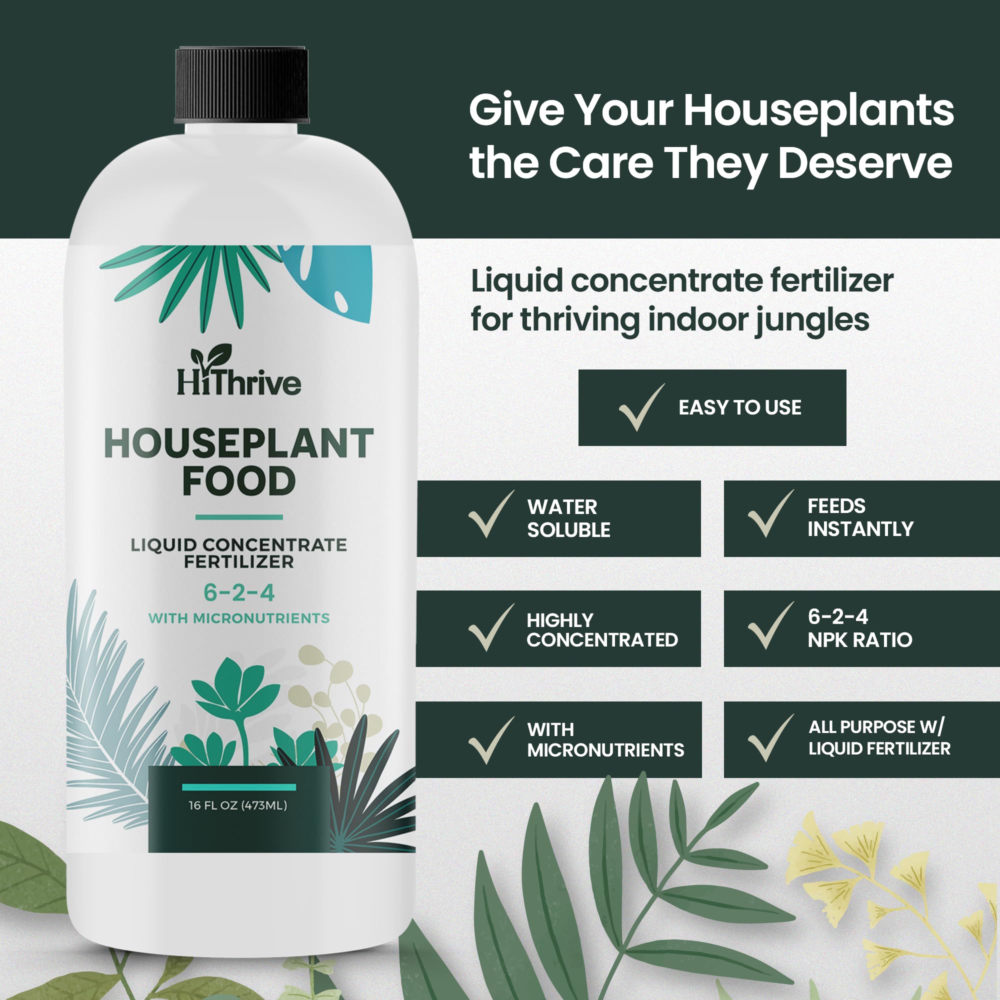 16oz Houseplant Fertilizer, All Purpose Indoor Plant Food - Makes 87+ Gallons, Indoor Plant Fertilizer for Fiddle Leaf Fig Tree, Pothos and More, 6-2-4 NPK, Concentrated Fertilizer for Indoor Plants