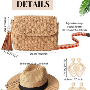 Glitopper 5 Pcs Women Beach Hat and Straw Crossbody Bag Rattan Earrings Sunglasses Summer Shoulder Bag for Summer Beach