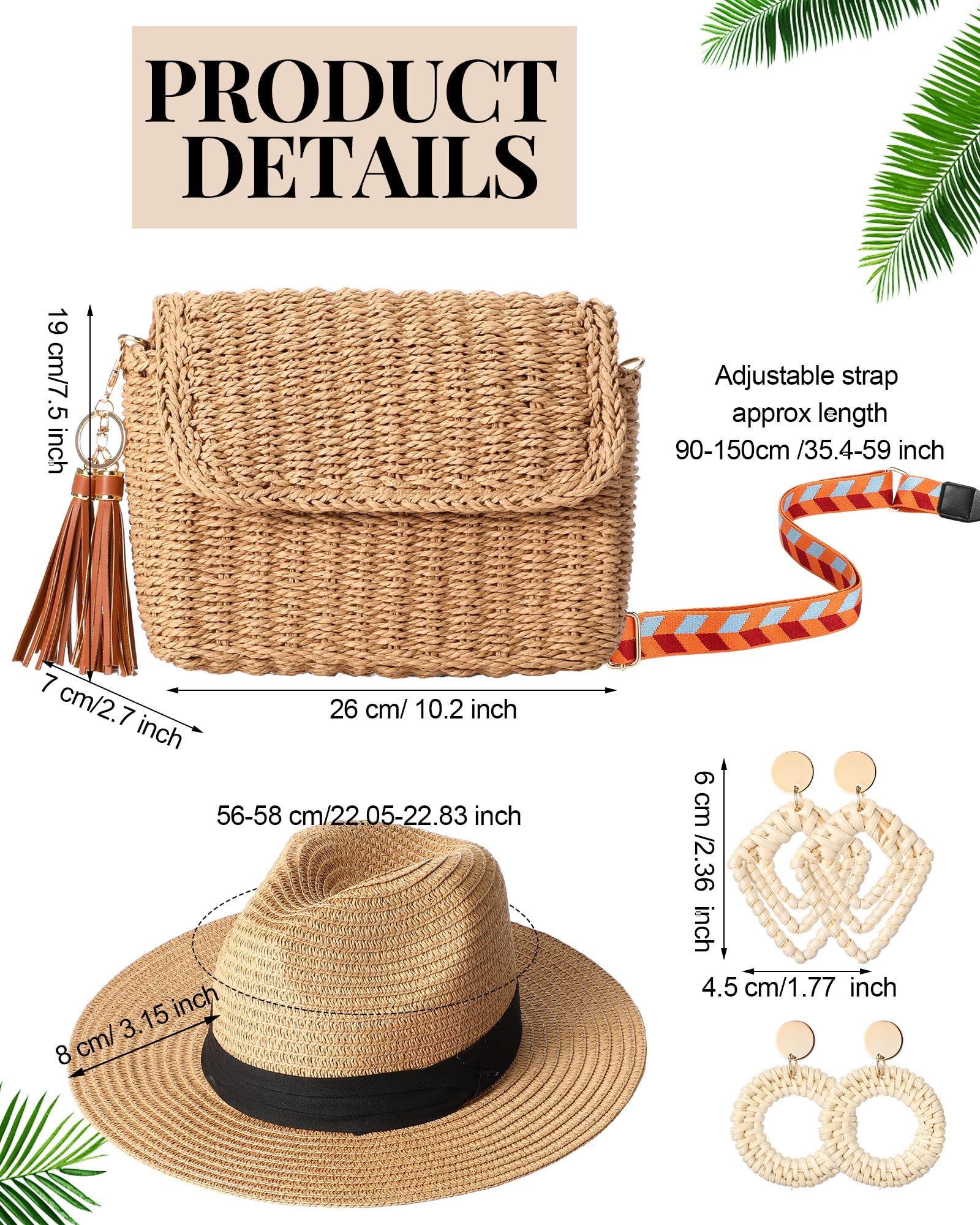 Glitopper 5 Pcs Women Beach Hat and Straw Crossbody Bag Rattan Earrings Sunglasses Summer Shoulder Bag for Summer Beach