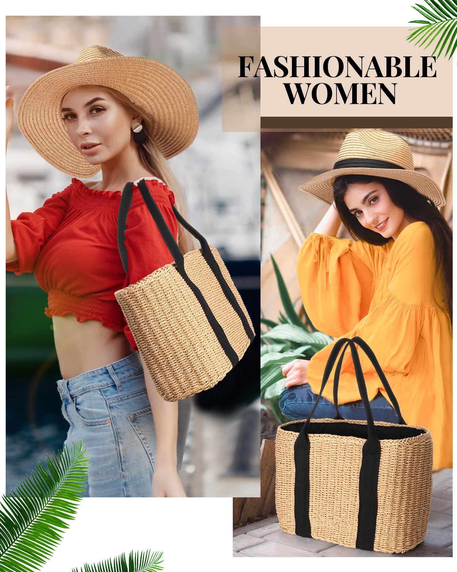 Glitopper 4 Pcs Straw Bag Woven Bag and Rattan Wicker Hat Tassel Earrings Set Summer Tote Handbag for Woman Vacation Boho Accessories