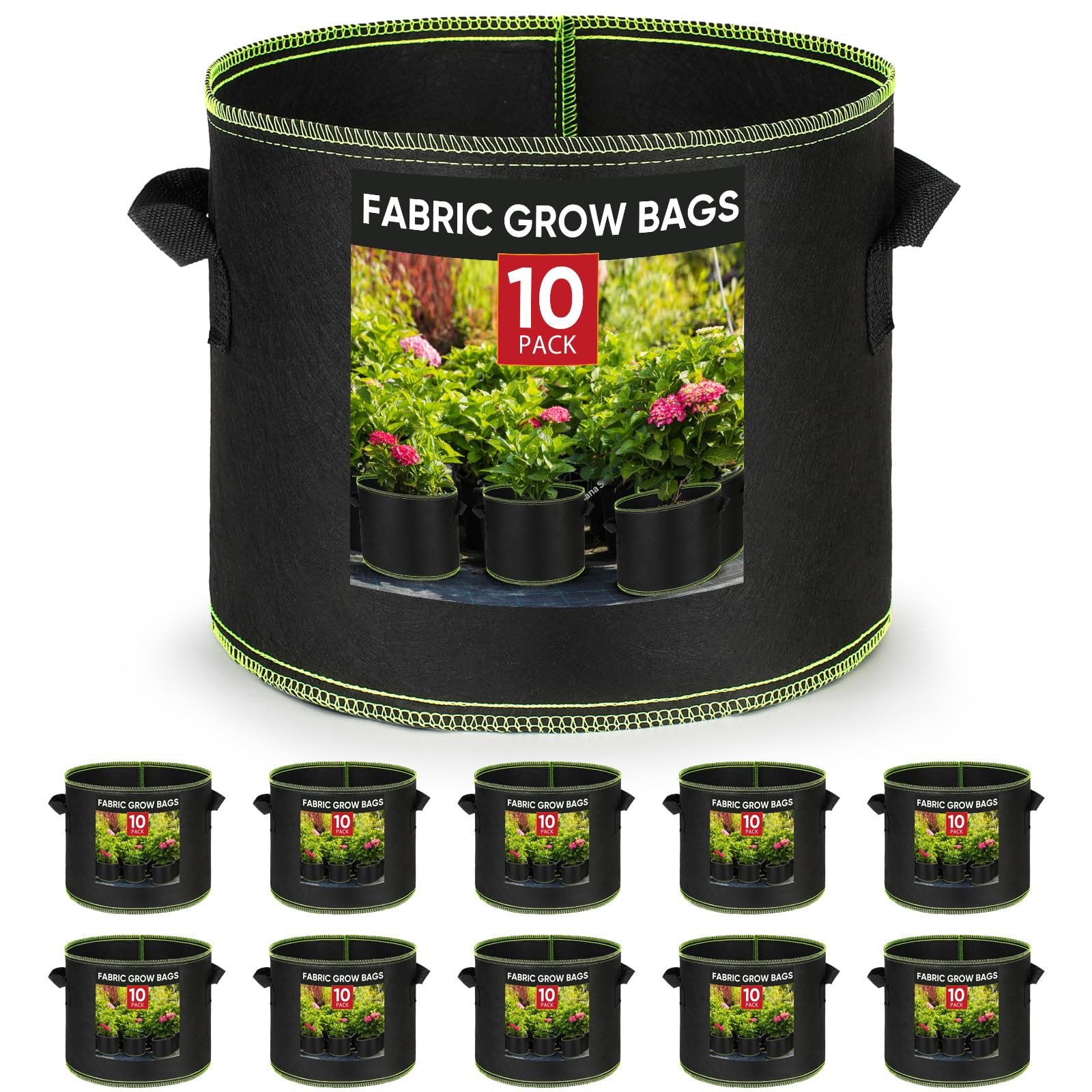 Eowllo Grow Bags 5 Gallon 10Pcs Heavy Duty 300G Fabric Pots for Plants,Thickened Nonwoven Garden Bags to Grow Vegetables,Large Nursery Pots,Tomato Grow Bags with Handles, Green Line Border