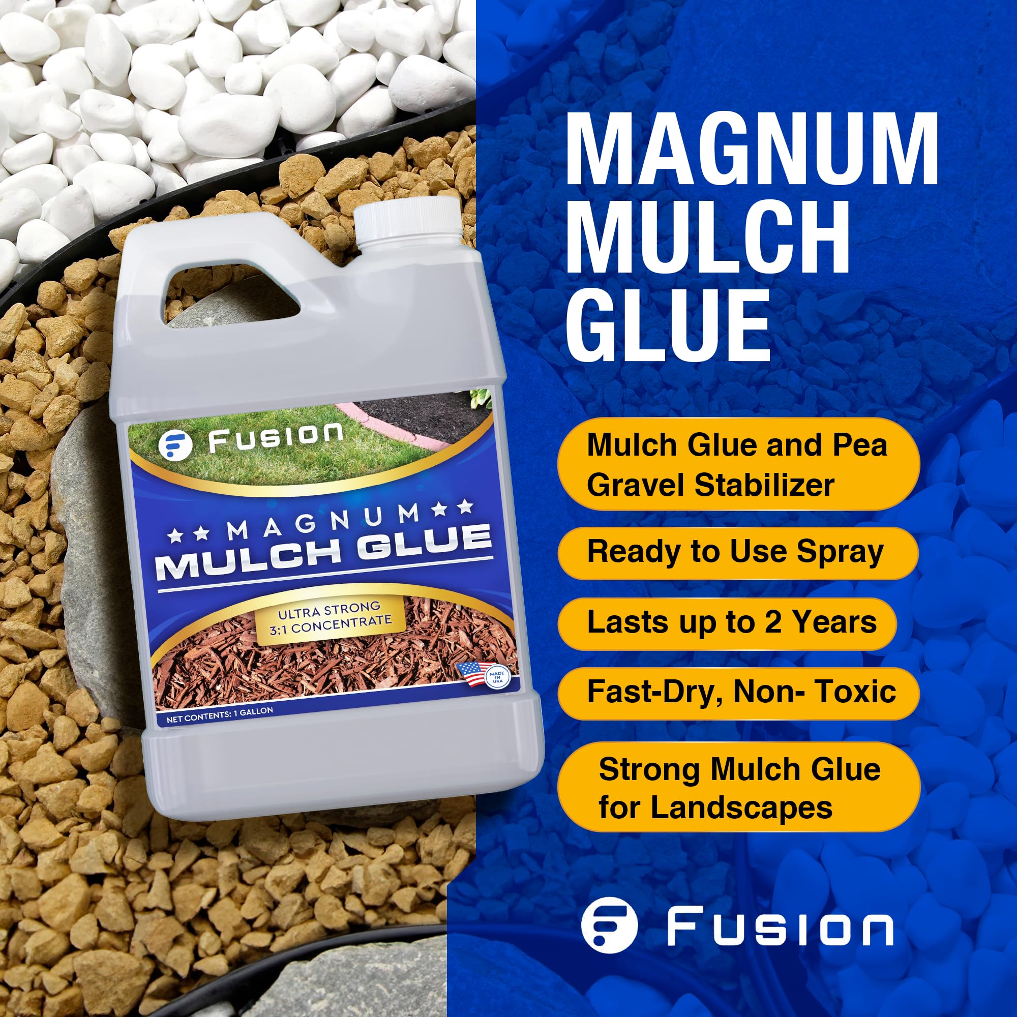 Magnum Mulch Glue (1 Gallon) - Mulch Glue and Pea Gravel Stabilizer, Lasts 12-24 Months, Fast-Dry, Non-Toxic, Strong Landscape Rock Glue & Gravel Glue by Fusion Chemical