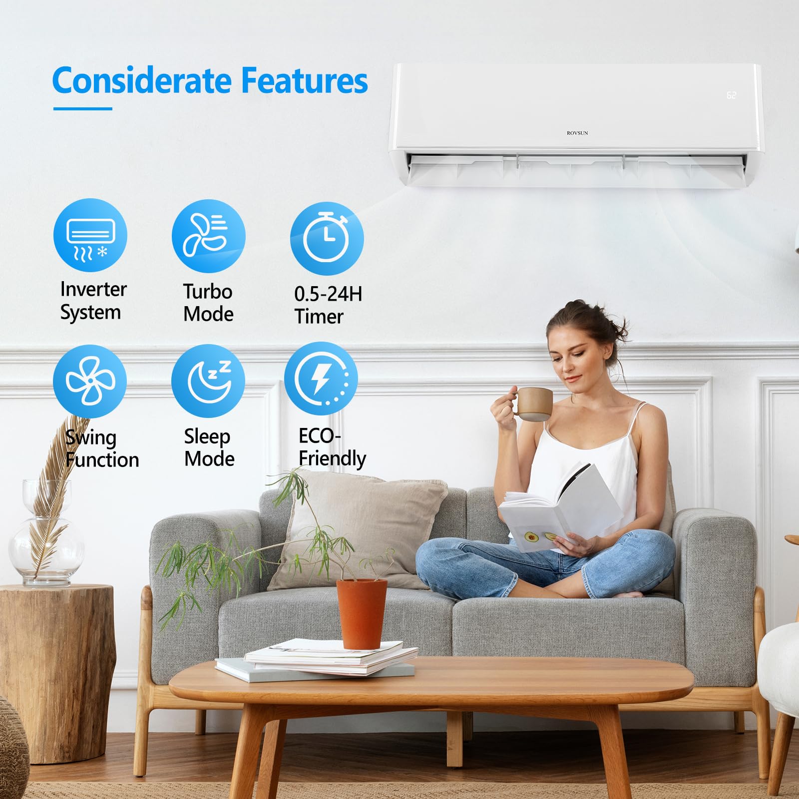 ROVSUN 12,000 BTU WIFI Enabled 23 SEER Mini Split AC/Heating System with Inverter, 230V Ductless Split System Air Conditioner w/Pre-Charged Condenser, Heat Pump & Installation Kit, Works with Alexa