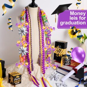 Spakon 13 Pcs Graduation Leis Graduation Candy Lei Kit Class of 2024 with 48 Inch Braided Ribbon 4.92ft PE Bag for Grad Party (Purple, Gold)