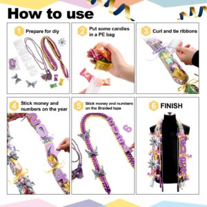 Spakon 13 Pcs Graduation Leis Graduation Candy Lei Kit Class of 2024 with 48 Inch Braided Ribbon 4.92ft PE Bag for Grad Party (Purple, Gold)