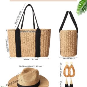 Glitopper 4 Pcs Straw Bag Woven Bag and Rattan Wicker Hat Tassel Earrings Set Summer Tote Handbag for Woman Vacation Boho Accessories