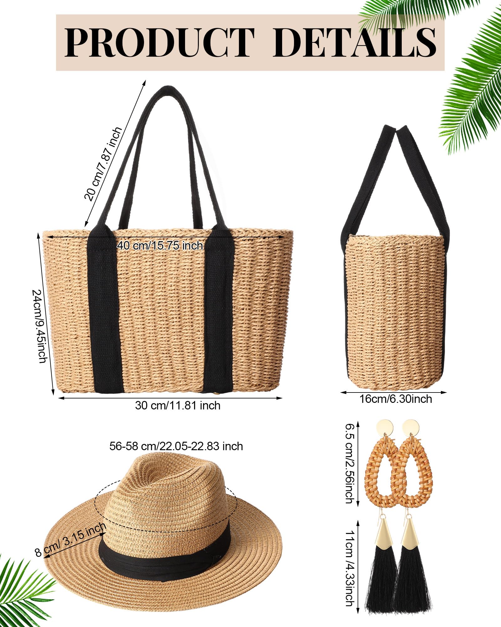 Glitopper 4 Pcs Straw Bag Woven Bag and Rattan Wicker Hat Tassel Earrings Set Summer Tote Handbag for Woman Vacation Boho Accessories