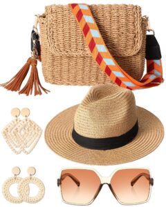 glitopper 5 pcs women beach hat and straw crossbody bag rattan earrings sunglasses summer shoulder bag for summer beach