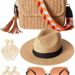 Glitopper 5 Pcs Women Beach Hat and Straw Crossbody Bag Rattan Earrings Sunglasses Summer Shoulder Bag for Summer Beach