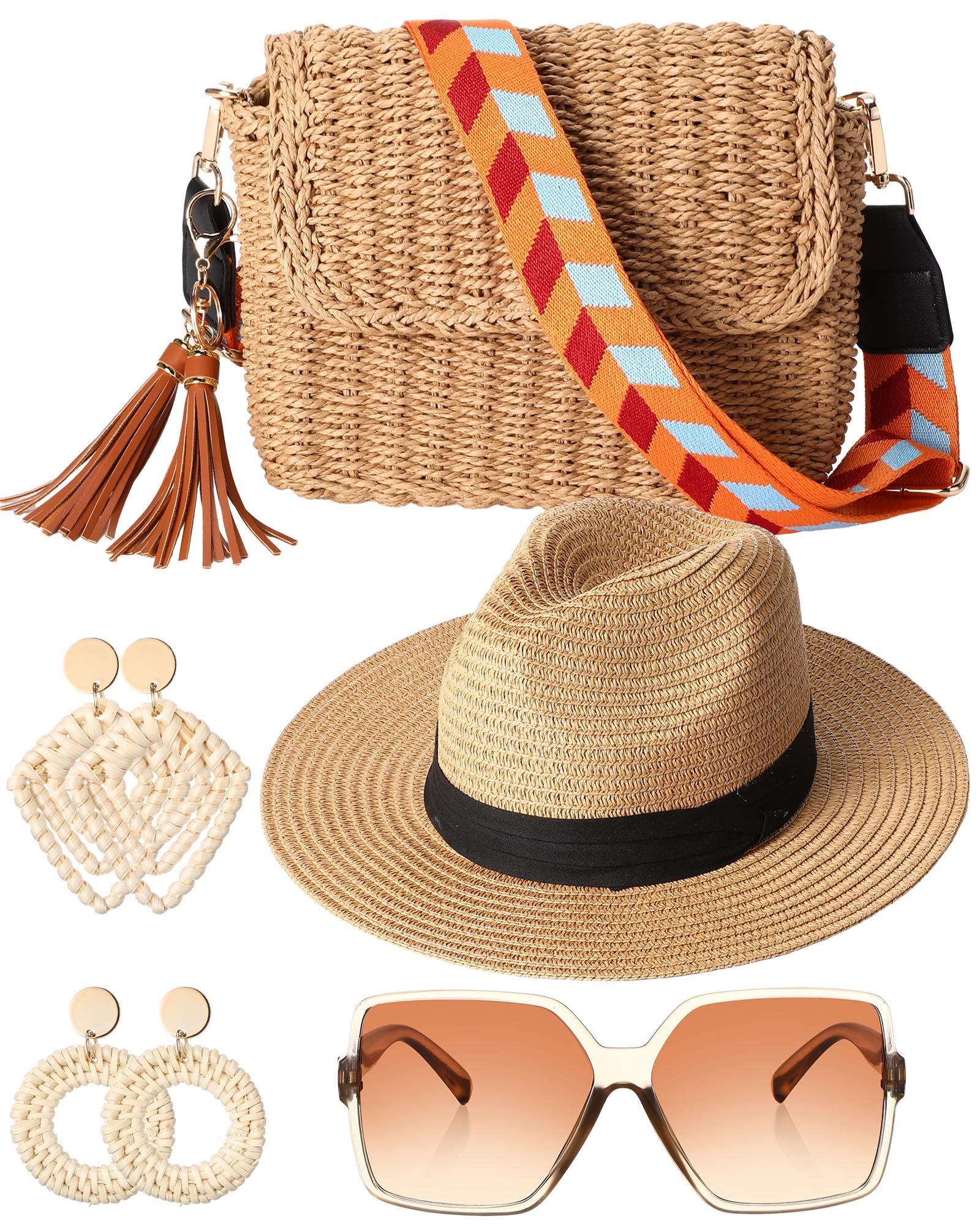 Glitopper 5 Pcs Women Beach Hat and Straw Crossbody Bag Rattan Earrings Sunglasses Summer Shoulder Bag for Summer Beach