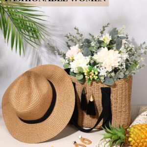 Glitopper 4 Pcs Straw Bag Woven Bag and Rattan Wicker Hat Tassel Earrings Set Summer Tote Handbag for Woman Vacation Boho Accessories