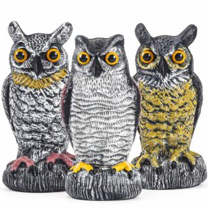 3 pack fake owl decoy to keep birds away - plastic horned owl statues bird scarecrow deterrents for pigeon hawk squirrels woodpecker, halloween decoration, bird scare devices for garden outdoor yard