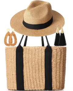 glitopper 4 pcs straw bag woven bag and rattan wicker hat tassel earrings set summer tote handbag for woman vacation boho accessories