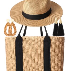 Glitopper 4 Pcs Straw Bag Woven Bag and Rattan Wicker Hat Tassel Earrings Set Summer Tote Handbag for Woman Vacation Boho Accessories