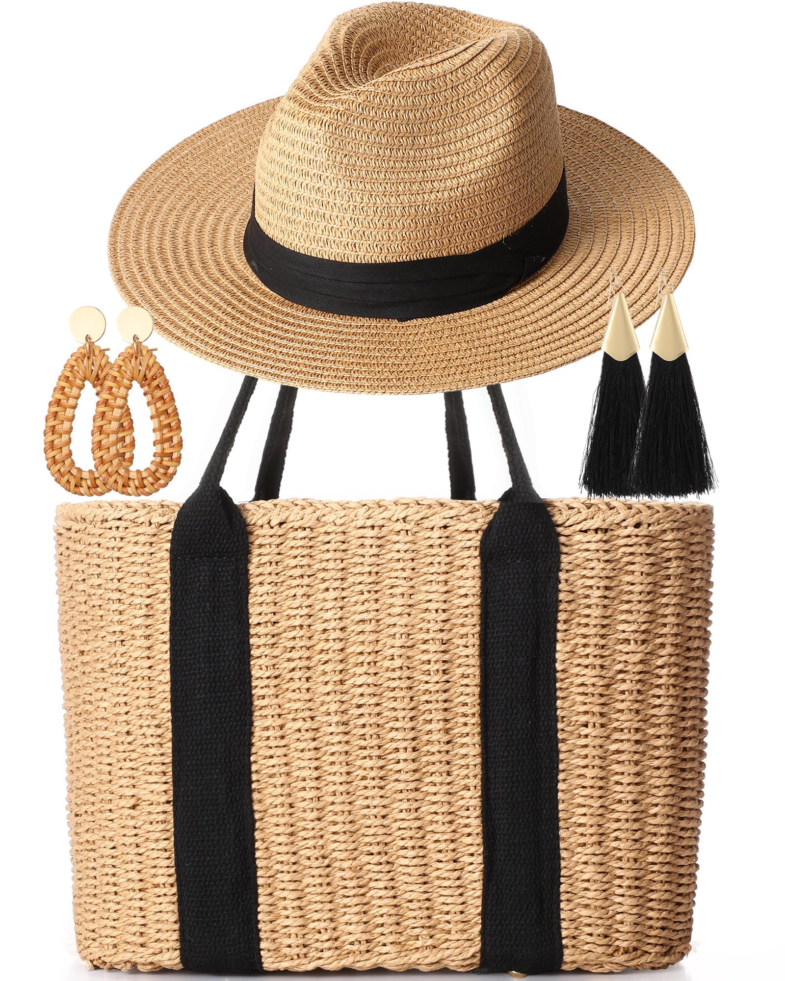 Glitopper 4 Pcs Straw Bag Woven Bag and Rattan Wicker Hat Tassel Earrings Set Summer Tote Handbag for Woman Vacation Boho Accessories