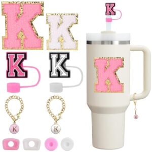 mity rain 10pcs set designed for stanley cup accessories - including straw cover cap, letter charm, letter stickers, tumbler spill proof stoppers for stanley 40oz/ 30oz pink decorations (k)