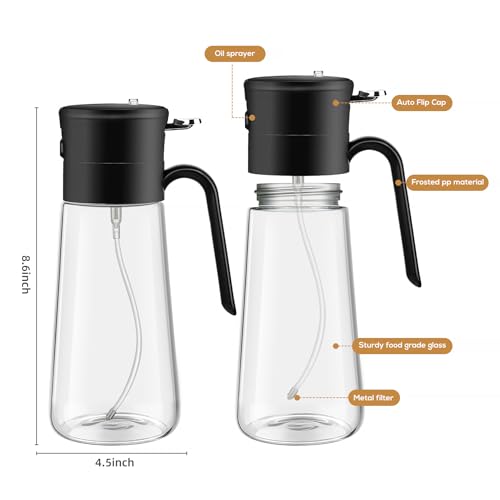 hoforife Glass Olive Oil Dispenser Bottle & Oil Sprayer Bottle 2 In 1 for Kitchen Cooking, Auto Flip Cap, 18oz Black