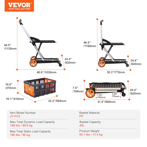 VEVOR Multi Use Functional Collapsible Cart, 198 lbs Capacity 2-Tier Folding Shopping Cart with Wheels, Collapsible Utility Cart with Storage Crate, 2 in 1 Hand Truck for Grocery/Luggage/Moving/Office