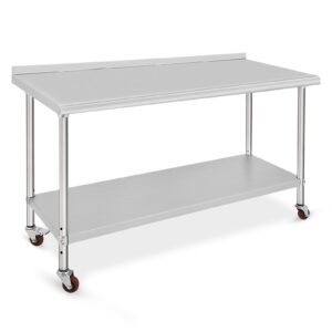 garvee stainless steel table, 60x24x35 in metal trolley heavy duty double tier worktable with casters backsplash food preparation stainless steel table for kitchen restaurant commercial workstation