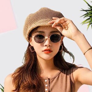 Newsboy Caps Straw Cap Women Summer Newsboy Cap Straw Knitted Beach Sun Hat with Adjustable Rope for Women Sun Hat Khaki