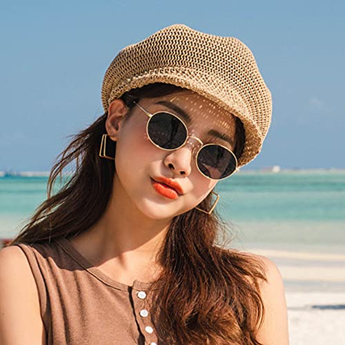 Newsboy Caps Straw Cap Women Summer Newsboy Cap Straw Knitted Beach Sun Hat with Adjustable Rope for Women Sun Hat Khaki