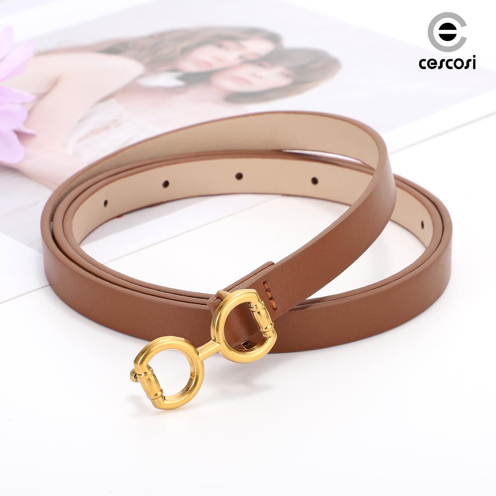 CESCOSI 4 Pack Skinny Women Leather Belt for Dresses Thin Waist Belt for Jeans Pants with Gold Buckle