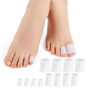 povihome toe sleeves, toe protectors, 12 pack toe tube pads for hammer toe,stubbed toe,corns, calluses protect (3 different sizes, white)