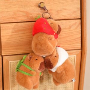 HSYHERE Men Women Interesting Funny Cute Stylish Wearing Strawberry Chicken Hat Soft Plush Capybara Keychain Key Ring, Valentine Lover Christmas New Year Gift Bag Pendant -Tortoise Bag