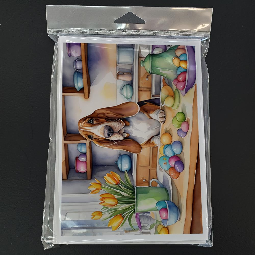 Caroline's Treasures DAC6753GCA7P Decorating Easter Basset Hound Greeting Cards Pack of 8 Blank Cards with Envelopes Whimsical A7 Size 5x7 Blank Note Cards