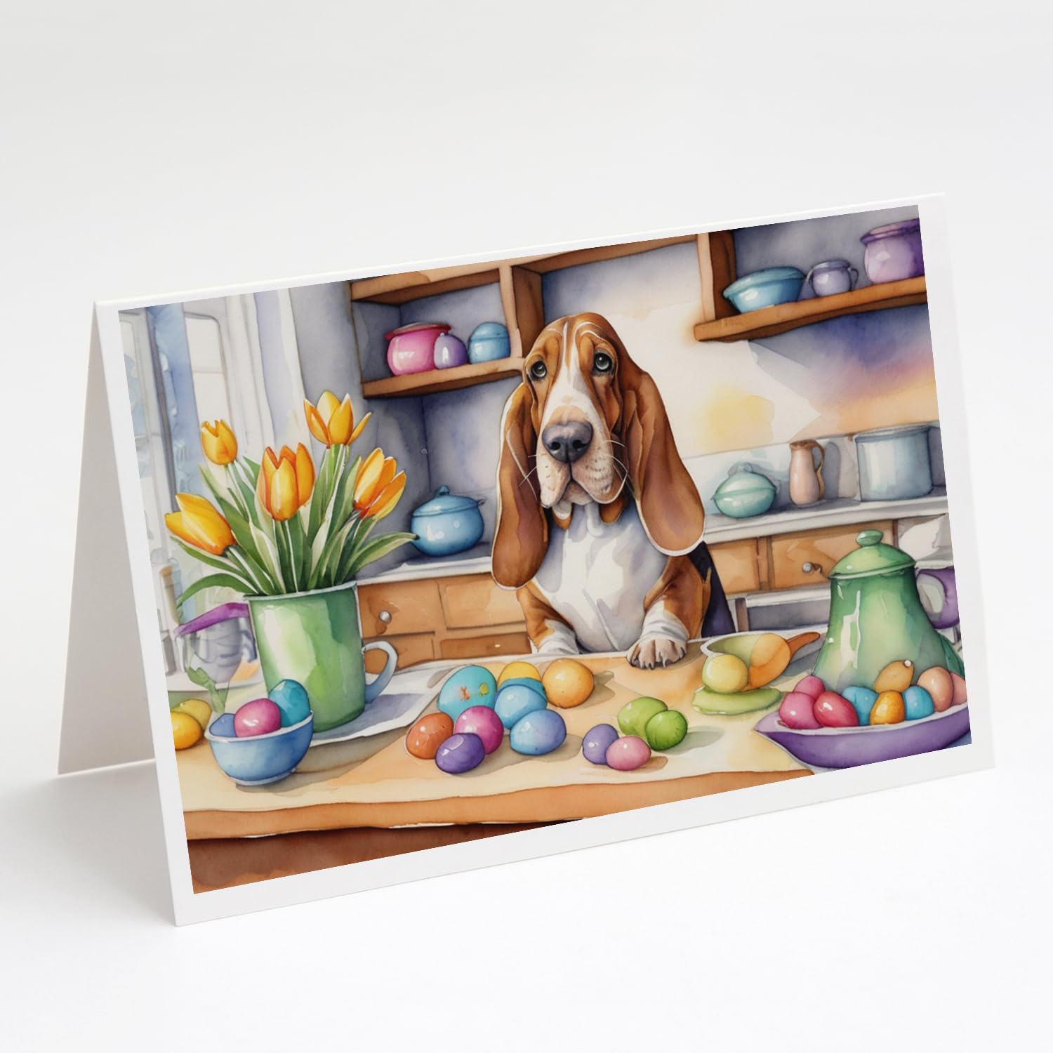 Caroline's Treasures DAC6753GCA7P Decorating Easter Basset Hound Greeting Cards Pack of 8 Blank Cards with Envelopes Whimsical A7 Size 5x7 Blank Note Cards