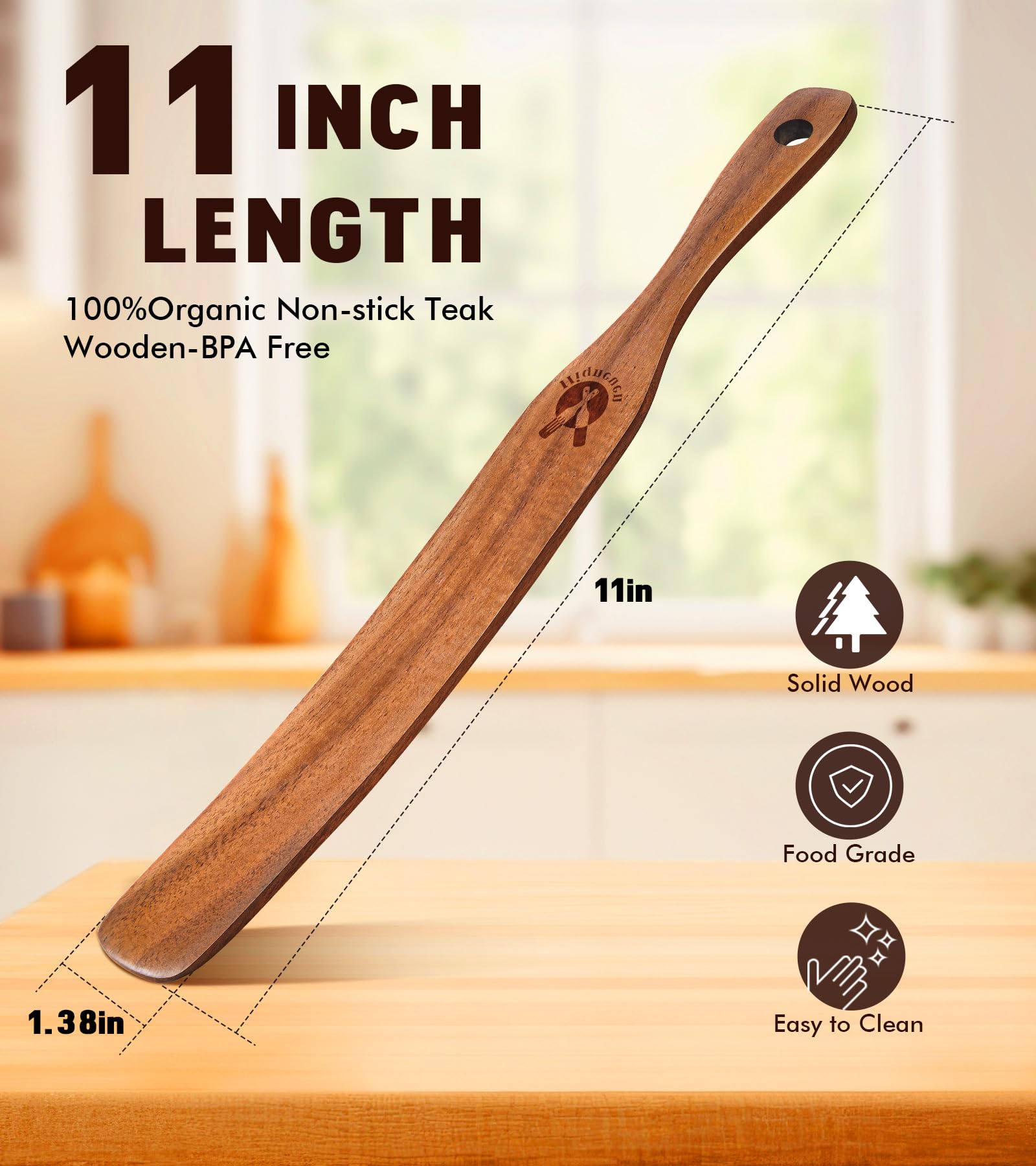 Skinny Spurtle for Sourdough Starter, Mixing, Reaching Bottom of Jar, Dough Whisk, 100% Natural from High Moist Resistance Teak, Spurtles Kitchen Tools Wooden Kitchen Utensils for NonStick Cookware