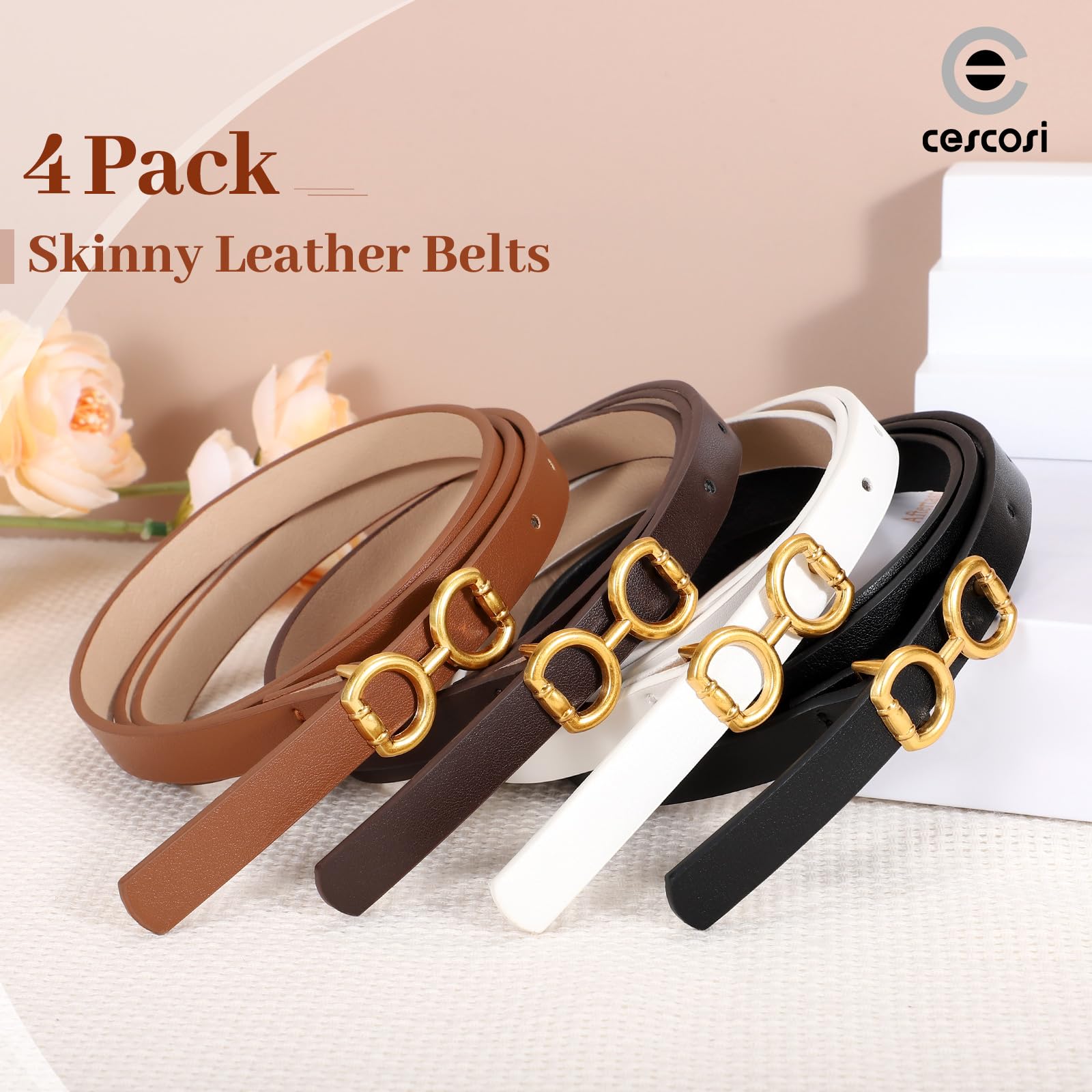 CESCOSI 4 Pack Skinny Women Leather Belt for Dresses Thin Waist Belt for Jeans Pants with Gold Buckle