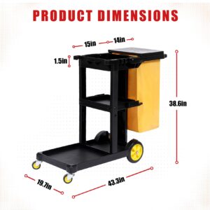 Commercial Janitorial Cleaning Cart, 3-Tier Janitorial Cart 500LBs Capacity Housekeeping Cart, Wheeled with 25 Gallon Yellow PVC Bag and Cover Lid