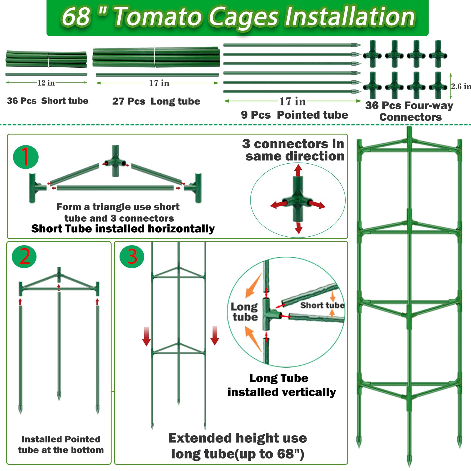 WYRJXYB Tomato Cages for Garden - Heavy Duty Steel Tomatoes Cage 3 Packs Tall Up to 68in & 164Ft Twist Tie -Tomato Plant Stakes Support Cages Trellis for Garden Pots Vegetable Climbing Plants Outdoor