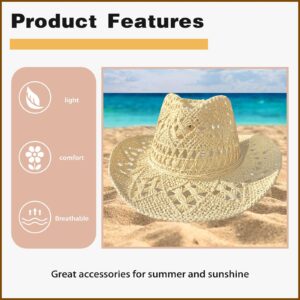 Zuhekti Straw Cowboy Hats for Women Sparkly Western Cowgirl Hat for Holiday Party Foldable Vacation Beach Sun Hat with Wide Brim,Beige