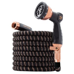 pocket hose bullet with thumb spray nozzle as-seen-on-tv expands to 100 ft, 650psi 3/4 in solid copper anodized aluminum fittings lead-free lightweight no-kink garden hose, black