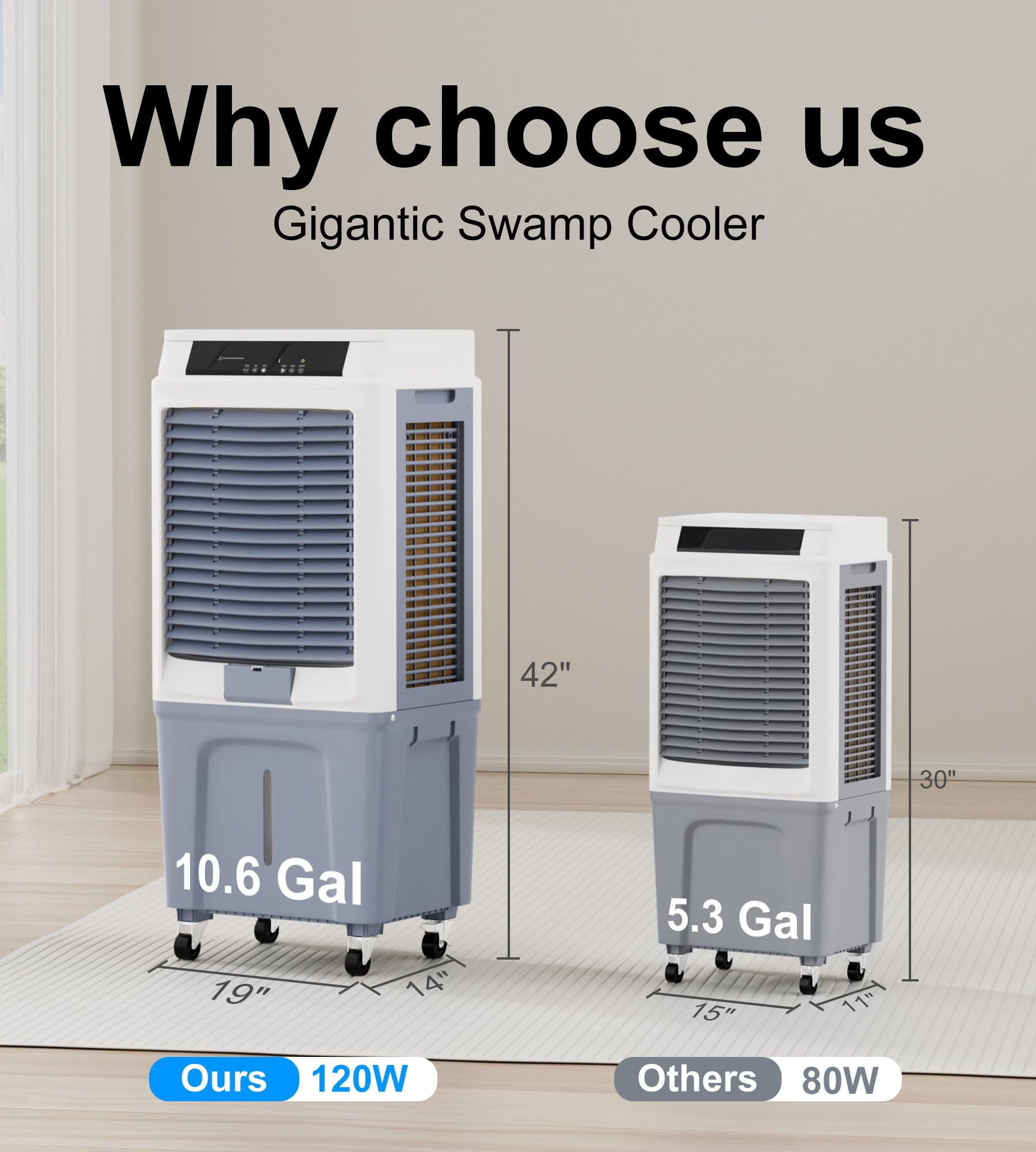 MEPTY Evaporative Air Cooler, 3288CFM Swamp Cooler, Portable Air Cooler Fan with Remote Control, 3 Speeds, 120°Oscillation, 12H Timer for Indoor & Outdoor Patio Garage Use,10.6 Gallon,42inch