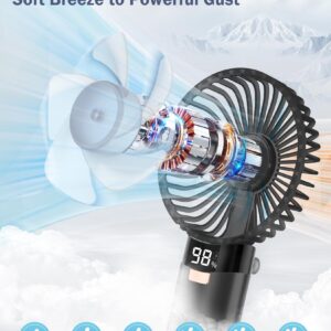 JMOSTRG Handheld Fan - Portable Fan 5200mAh, Metal Handle Mini Hand Held Fan Foldable, USB Rechargeable Personal Fan Power Bank, 6 Speeds Quiet Handheld Fan with LED Display, Cooling Fan for Travel